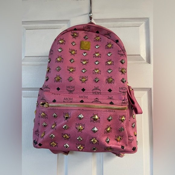 MCM | Bags | Authenticated Mcm Studded Leather Backpack W Laptop ...